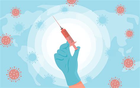 글로벌 가족 예방 접종 개념 백신 주사위를 들고 의료 장갑에 간호사 또는 의사 손 확산 된 박테리아 바이러스는 블루 월드지도에 전 세계적으로 확산 벡터 수평 배너