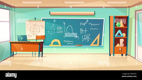 Classroom For Math Learning With Formula On Chalkboard Vector Cartoon Illustration Of Empty