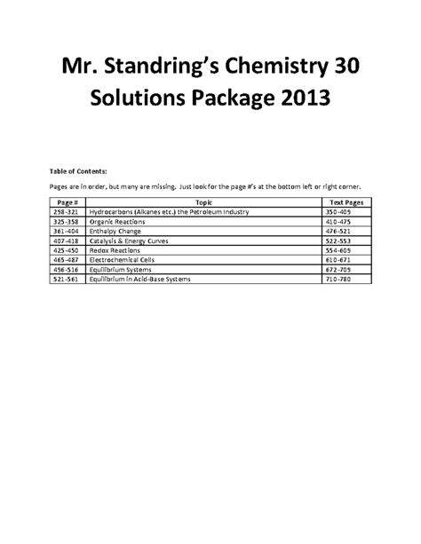 Chem 30 Review Package Key Table Of Contents Pages Are In Order But