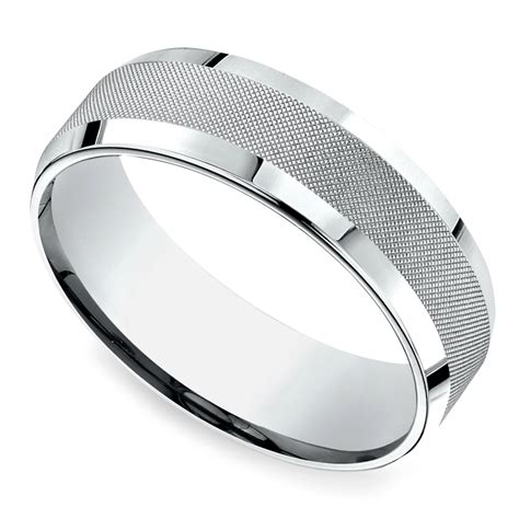 Cross Hatch Design Mens Wedding Band In White Gold