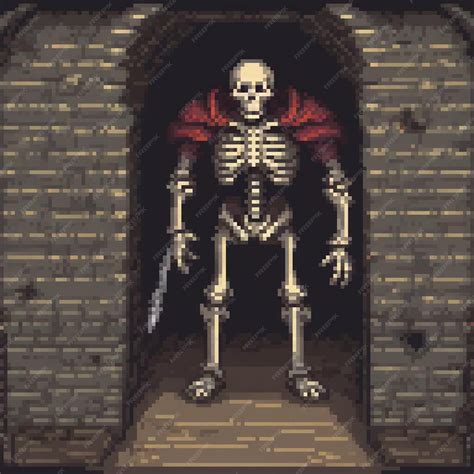 Redcloaked Skeleton In Pixel Art Front Of Brick Wall Premium Ai