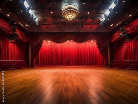 Theater Stage With Red Curtain Lighting Wooden Floor Insane Detail