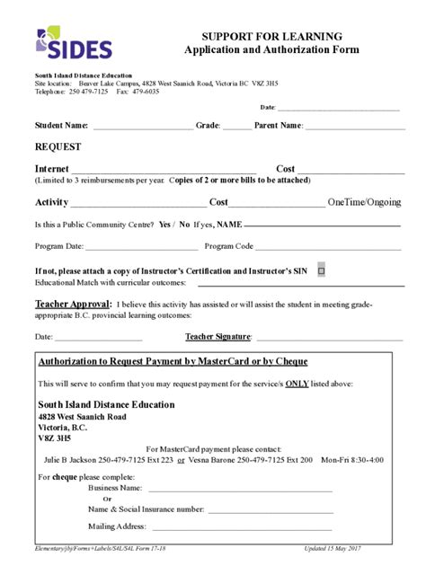 Fillable Online Support For Learning Application And Authorization Form