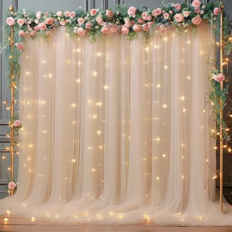 10x10ft Champagne Tulle Backdrop Curtain With Lights String For Parites