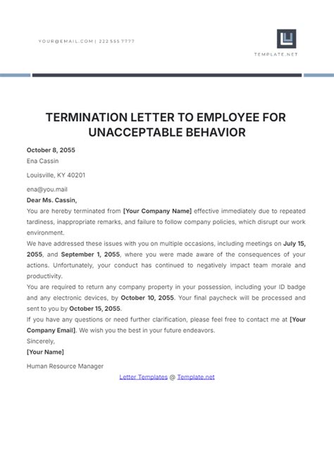 Free Termination Letter To Employee For Unacceptable Behavior Template