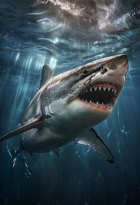 Realistic Great White Shark Swimming Underwater Virtual Background