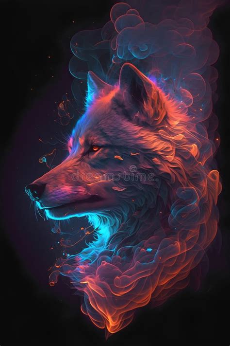 Portrait Of A Wolf In Fire Vector Illustration On A Dark Background