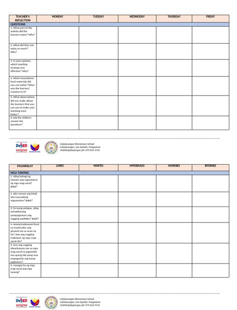 Eng Fil Revised Reflection Template For Dll Pdf