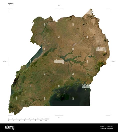 Shape Of A Low Resolution Satellite Map Of The Uganda With Distance Scale And Map Border