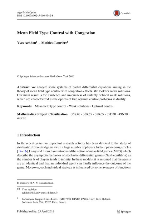 Pdf Mean Field Type Control With Congestion