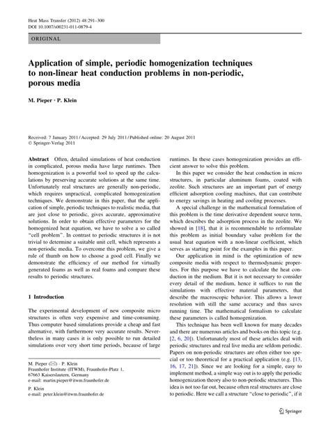 Pdf Application Of Simple Periodic Homogenization Techniques To Non Linear Heat Conduction