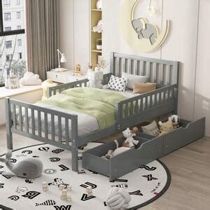 Qualler Gray Wood Frame Twin Platform Bed With Storage And Drawers
