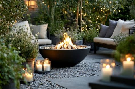 Garden Setting Featuring A Lit Fire Pit Stock Image Image Of Outdoor