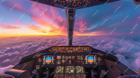 A Pilots View From The Cockpit Of An Airplane Flying High Above The Clouds At Sunset Premium