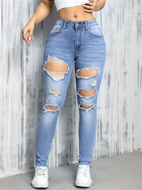 Ripped High Skinny Jeans Whiskering High Stretch Temu Canada