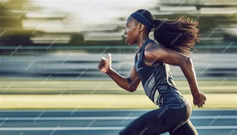 A Dynamic Photo Of A Young Black Female Athlete Running On A Track