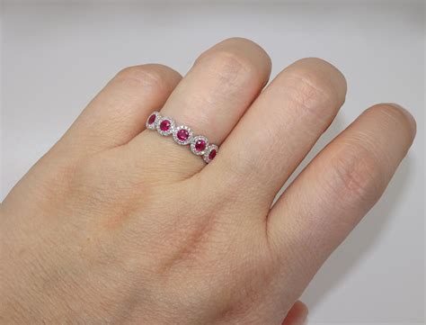 14k White Gold Halo Diamonds And Ruby Stackable Wedding Anniversary