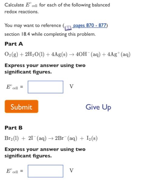 Solved Calculate E Cell For Each Of The Following Balanced