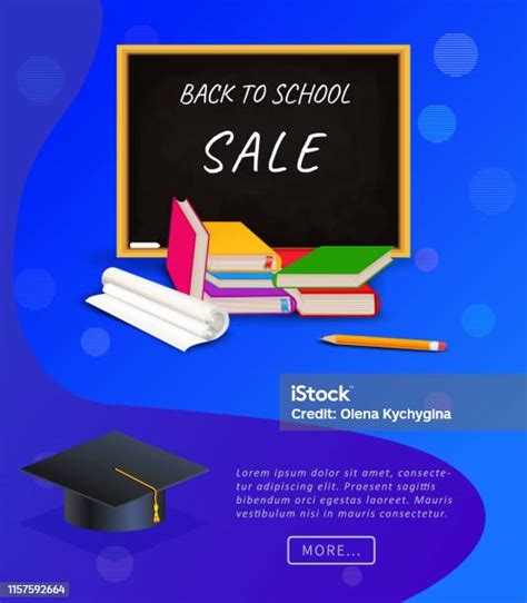 창의적으로 칠판 책 더미 연필 및 온라인 교육 또는 쇼핑 할인 프로모션 또는 디지털 마케팅을위한 졸업 모자가있는 학교 판매 포스터 또는 배너로 돌아갑니다 간판에 대한 스톡