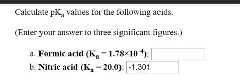 solved calculate pka values for the following acids enter your answer
