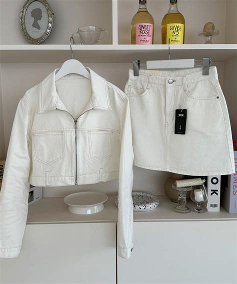 세트 구성아이보리 크롭 자켓 스커트 셋업 봄 베이직 코튼 흰색 데님 면 루즈핏 여성 숏자켓 A라인 미니스커트 치마 코디 투피스