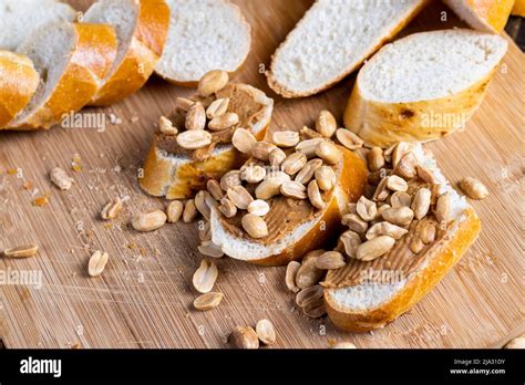 Wheat Fresh Baguette And Peanut Paste Making Breakfast Of Bread And