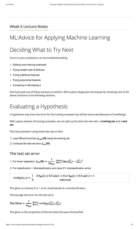 Week 6 Lecture Notes Week 6 Lecture Notes Mladvice For Applying Machine Learning Deciding