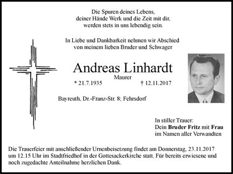 Traueranzeigen Von Andreas Linhardt Nordbayerischer Kurier