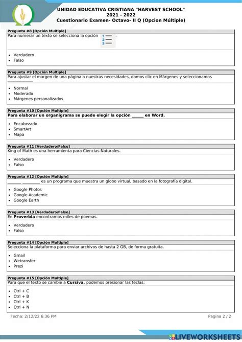 Octavo Cuestionario Examen Iiq Online Exercise For Live Worksheets