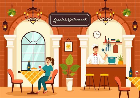 Spanish Restaurant Vector Illustration With Various Of Food Menu