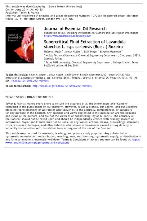 Pdf Supercritical Fluid Extraction Of Lavandula Stoechas L Ssp