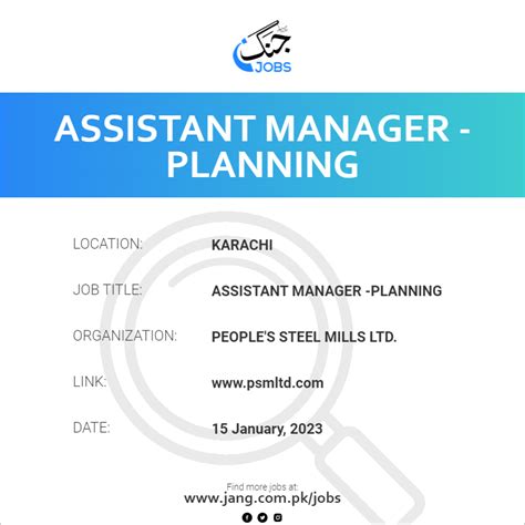 Assistant Manager Planning Job Peoples Steel Mills Ltd Jobs In