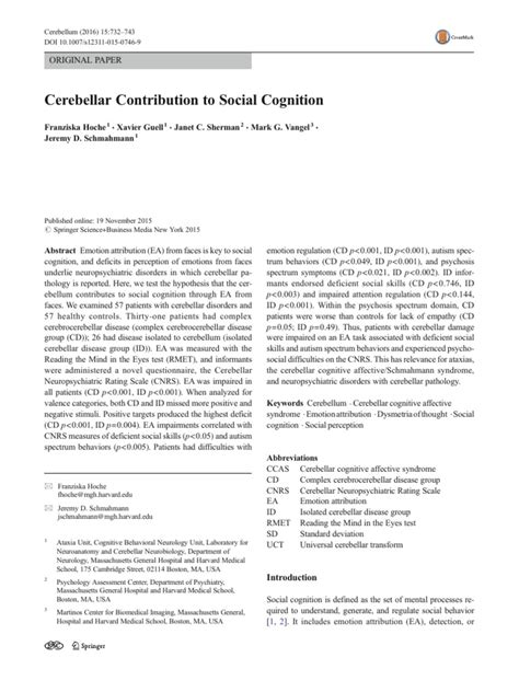 2016 Cerebellar Contribution To Social Cognition Pdf Effect Size Cerebellum