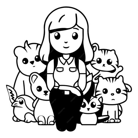 Premium Vector Cute Cartoon Girl Sitting With A Group Of Cats Vector