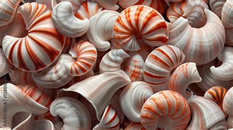 A Pile Of Orange And White Seashells With A White And Orange Stripe On The Top Of The Shells And