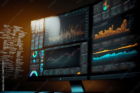A computer screen displaying multiple financial reports and graphs and pie, representing the ...