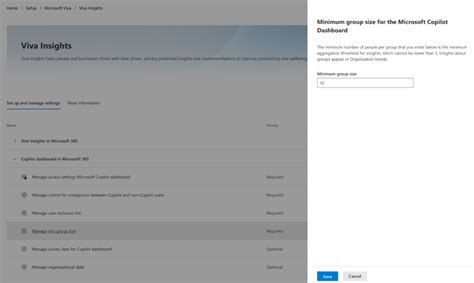 Microsoft Copilot 대시보드 및 Viva Insights 웹앱에 대한 설정 관리 Microsoft Learn