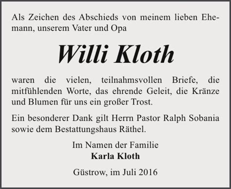 Traueranzeigen Von Willi Kloth Trauer Nordkurier