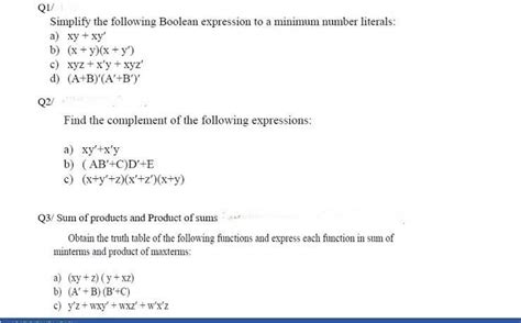 solved q1 simplify the following boolean expression to a