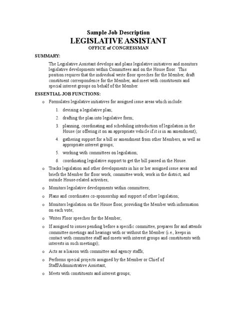 Legislative Assistant Sample Job Description Pdf United States Congress American Government