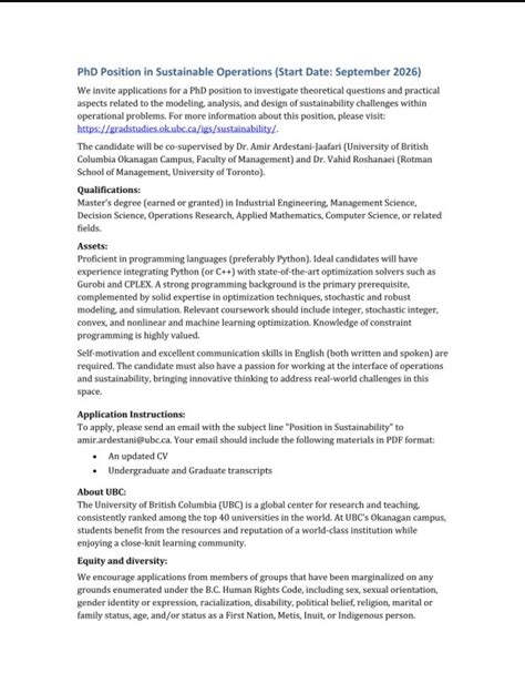 Phd Position In Sustainable Operations Start Date September 2026 We