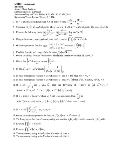Mth 211 Assignment Pdf Mathematical Analysis Applied Mathematics Mth 211 Assignment Pdf Mathematical Analysis Applied Mathematics