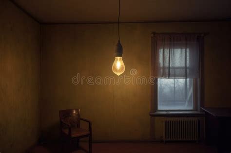 A Single Illuminated Lightbulb Hanging From The Ceiling Stock Image