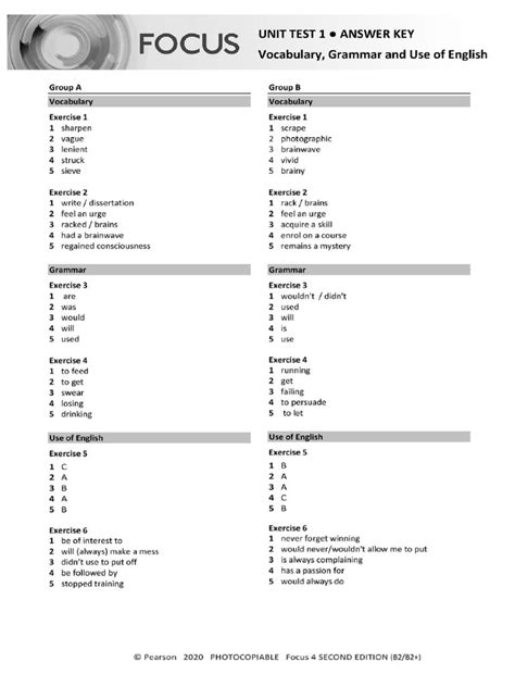 Focus 4 Unit Test Answer Key Pdf