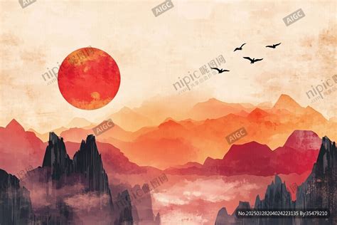 Ai创作图夕阳 山景 飞鸟 晚霞 水墨 天空 红日 云雾 山峰 轮廓 自然 色彩 美景 绘画 意境 昵图网