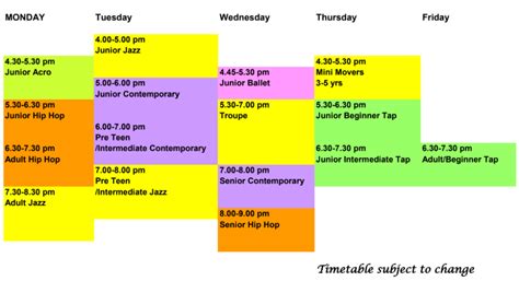 Timetable Nova Dance Centre