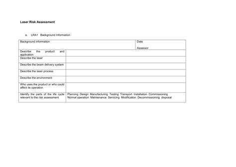 Laser Risk Assessment Form Safety Checklist