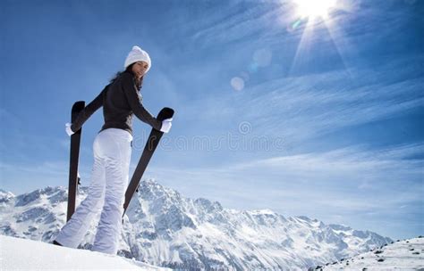 Beautiful Brunette Woman With Ski Stock Photo Image Of January Downhill