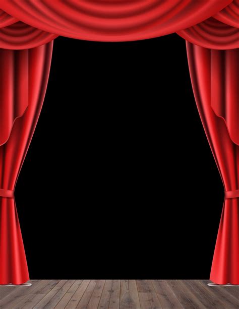 Wood Brown Stage With Open Red Curtains Theatre Black Background Actor Singer Musician Performer
