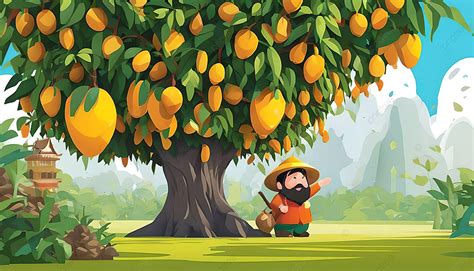 Big Mango Tree With A Man Taking Care Of It Background Mango Crops Cartoon Background Image